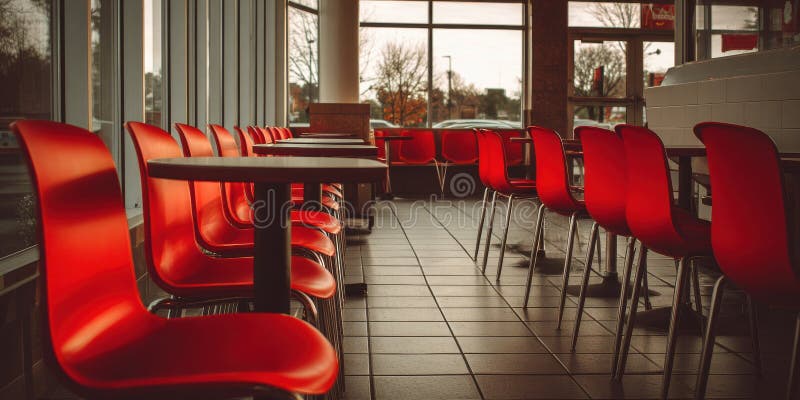 A 4K Photo of Empty Fast Food Restaurant Interior with Aligned Red ...