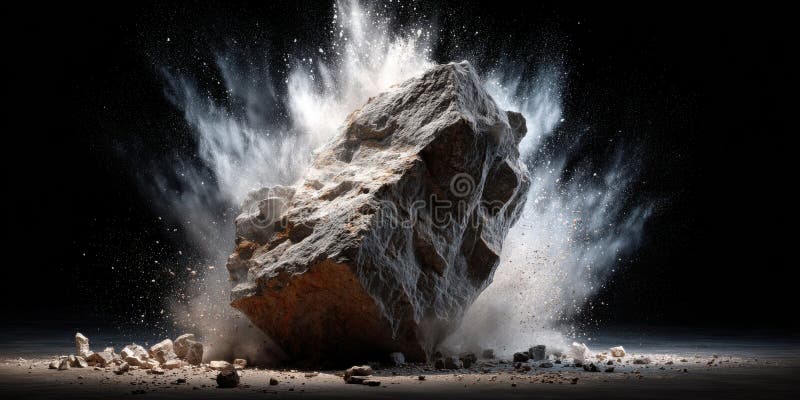 A 4K Photo of Shattered Rock Boulder Exploding into White Dust Against ...