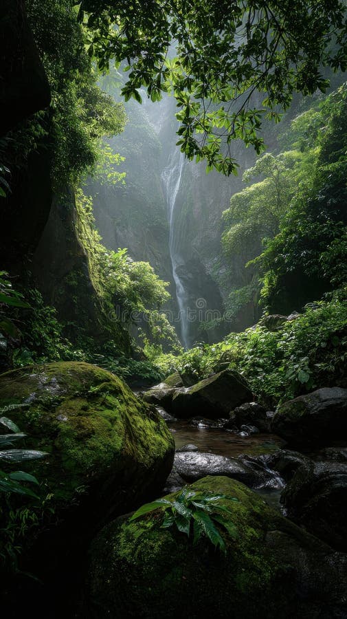 A 4K Photo of Waterfall Inside a Deep Jungle, Morning Mist. Stock Photo ...