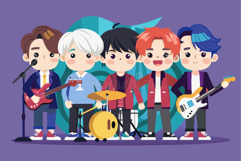 A K-pop Band of Five Members Joyfully Performs with Instruments in a ...