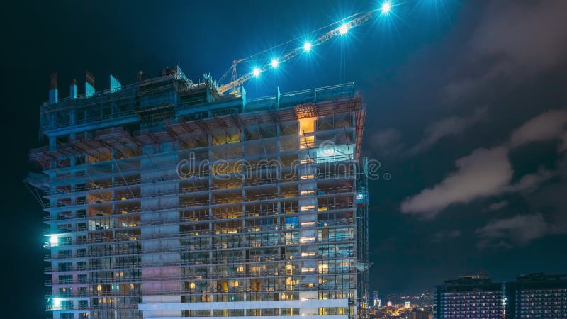 4k Timelapse Nightwork Development of Modern Multi-storey Residential ...