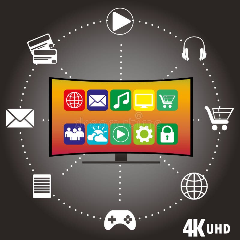 4K TV with Icons of Different Applications Stock Vector - Illustration ...