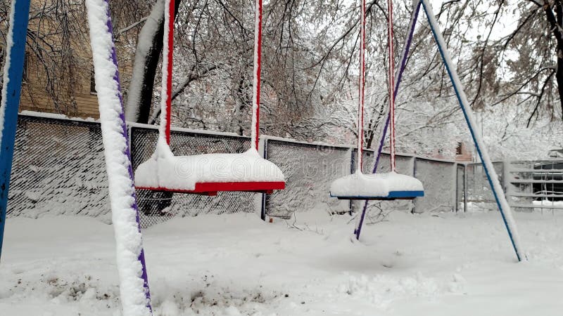 Playground Covered with First Snow at Golden Hour Stock Video - Video ...
