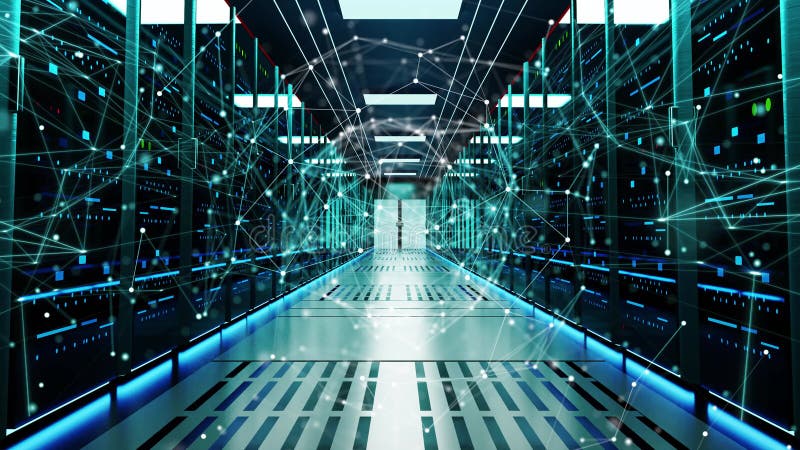 4K Walk through Data Center Server Connections Loop Background ...