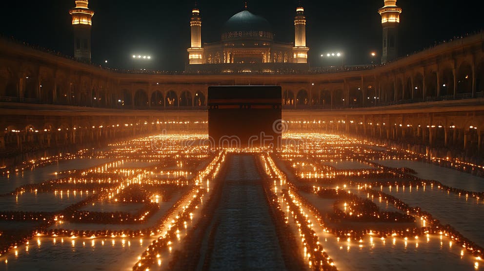 Illuminated Mosque Courtyard with Kaaba at Night Stock Image - Image of ...