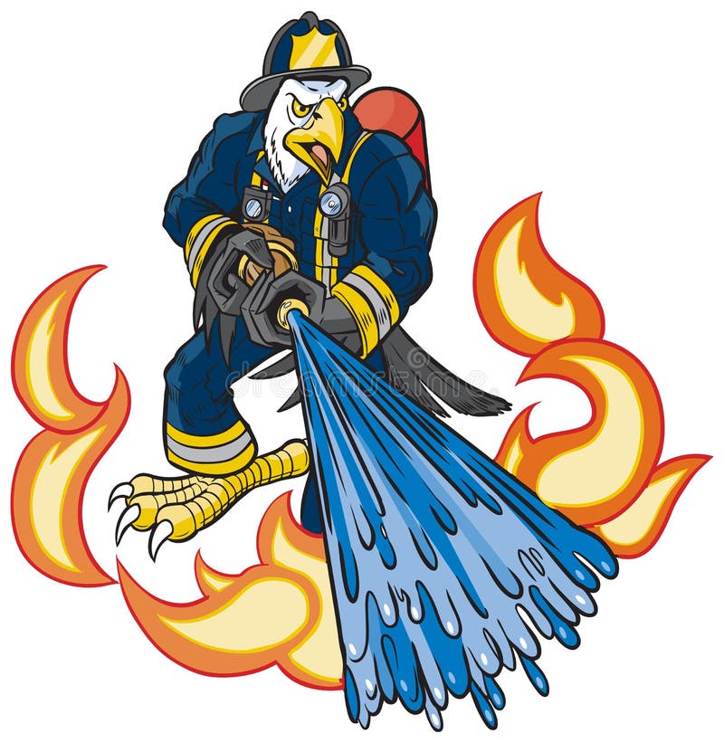 Kaal Eagle Firefighter Mascot Spays Water Op Brand Vector Illustratie ...