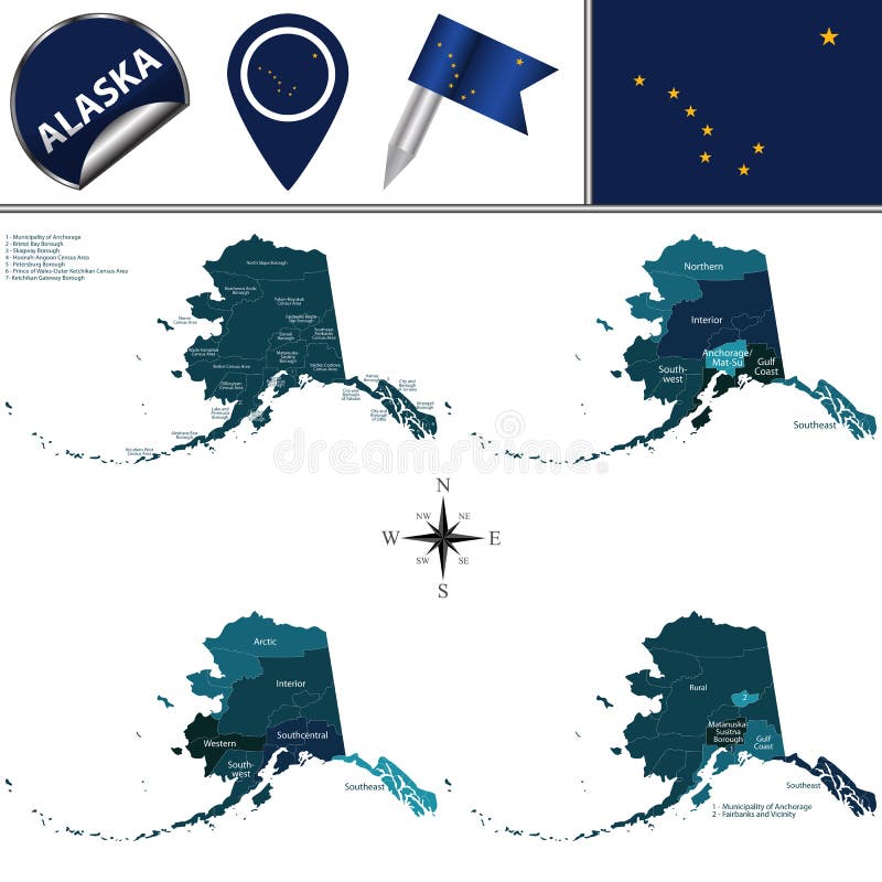 Kaart Van Alaska Met Gebieden Vector Illustratie - Illustration of ...