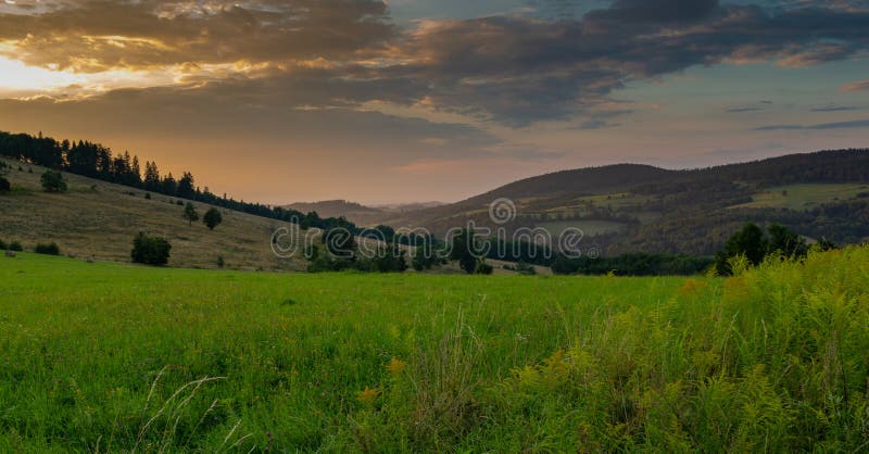 Kaczawskie Mountains at Sunset Stock Photo - Image of mountains ...