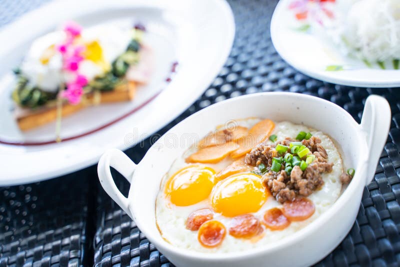 Kai Kata - Fried Egg in Pan with Topping Stock Image - Image of ...