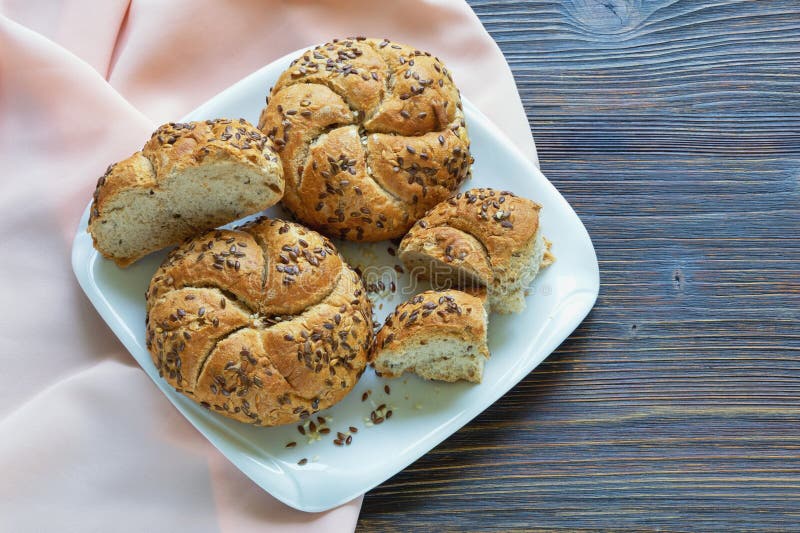 Kaiser Rolls, Round Bread Rolls on Rustic Table. Copy Space Stock Image ...