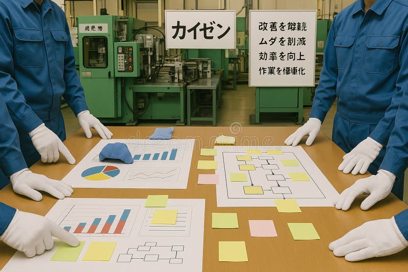 Kaizen Team Analyzing Production Flowcharts and Performance Graphs ...