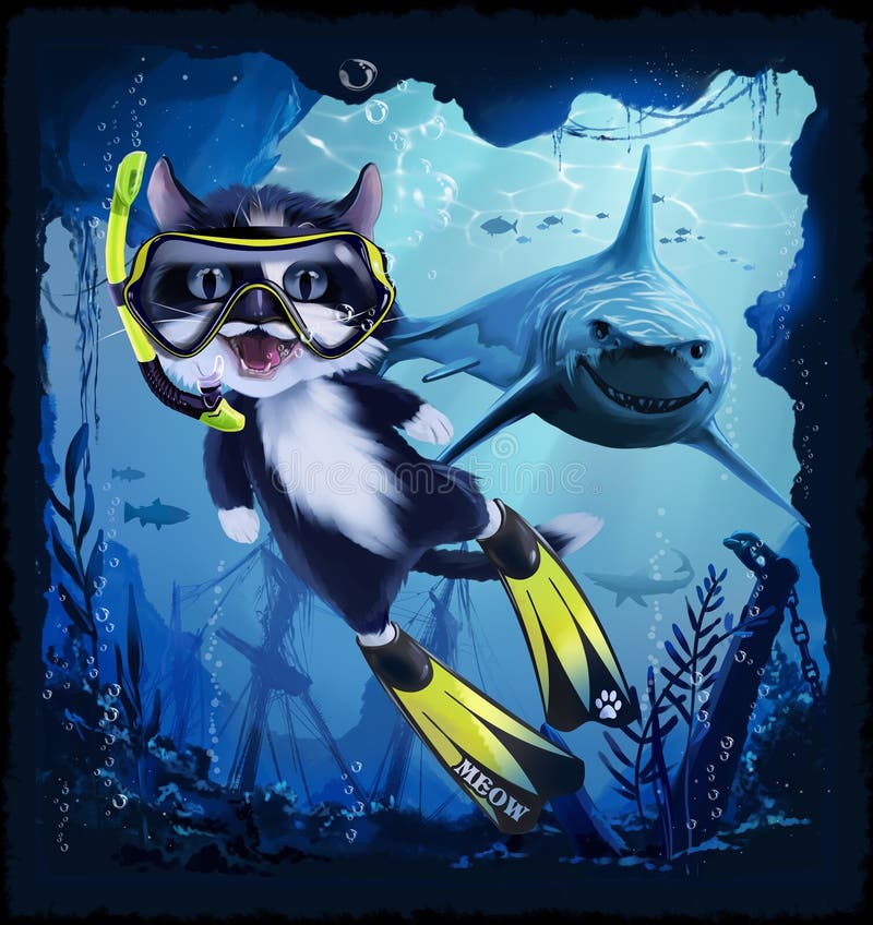 Cat Diver and Shark that Smiles Stock Illustration - Illustration of ...
