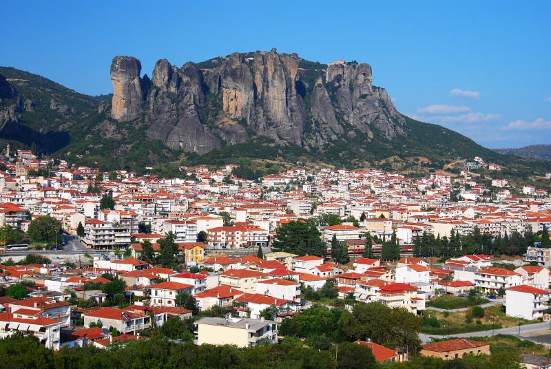 Kalampaka City with Metora Cliffs, Greece Stock Photo - Image of street ...