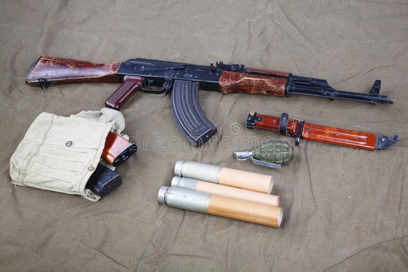 Kalashnikov AK 47 with Ammunitions on Canvas Stock Photo - Image of ...