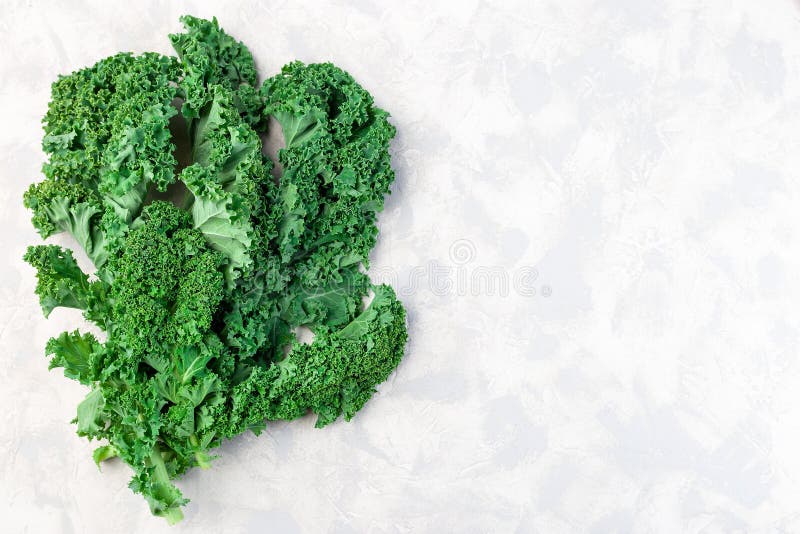 Kale Leaves on Gray Background, Top View, Horizontal, Copy Space Stock ...