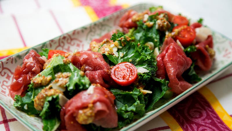 Kale Salad with Beef Carpaccio and Cheese. Stock Photo - Image of beef ...