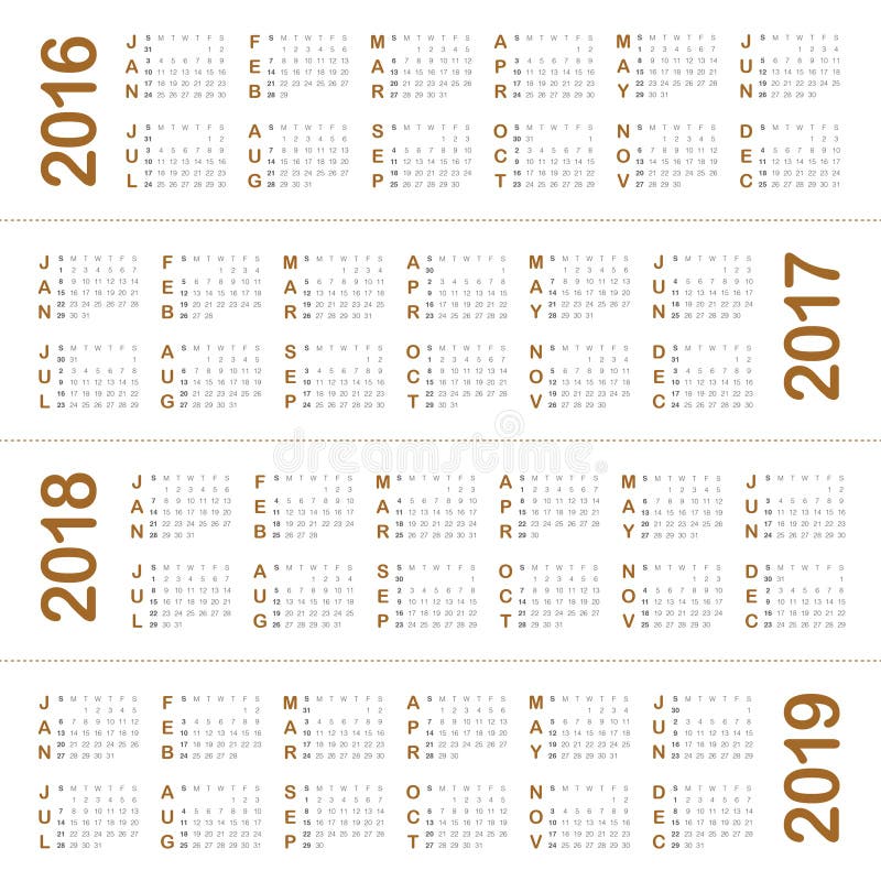 Kalendarz 2016 2017 2018 2019 Ilustracja Wektor - Ilustracja złożonej z ...