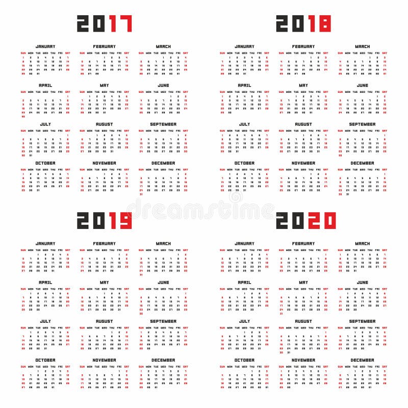 Kalendarz Dla 2017, 2018, 2019, 2020 Ilustracja Wektor - Ilustracja ...
