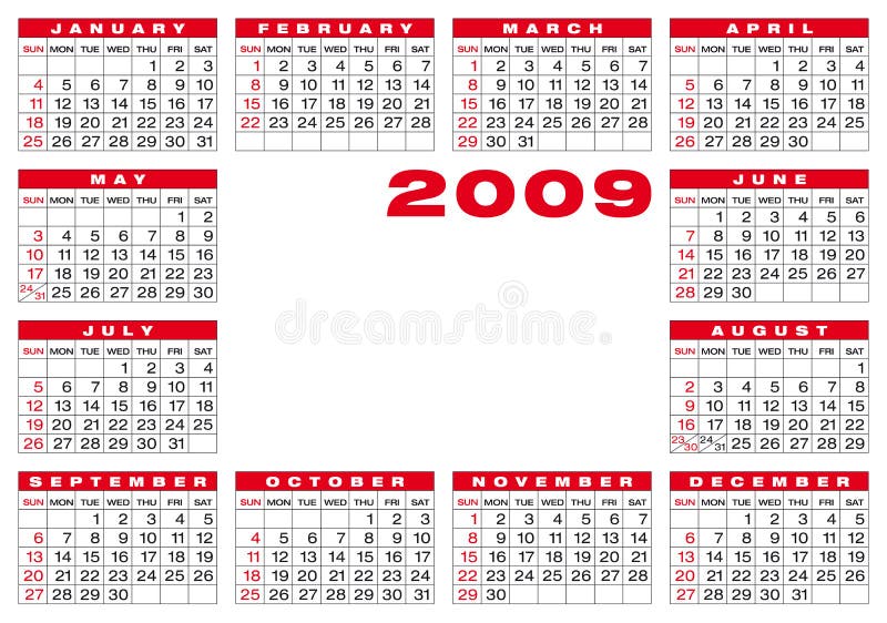 Kalender 2009 vector illustratie. Illustration of rood - 6346544