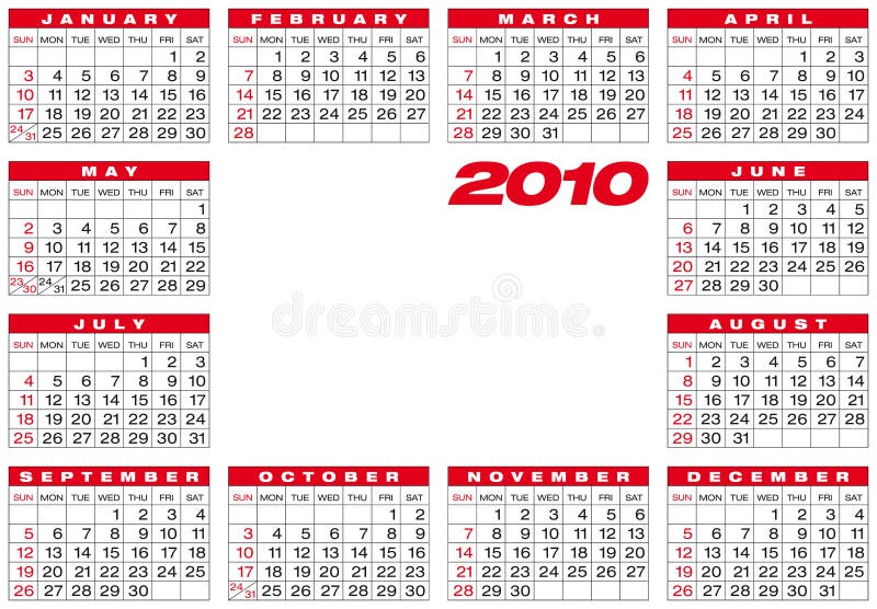 Kalender voor 2010 vector illustratie. Illustration of aantal - 10947873