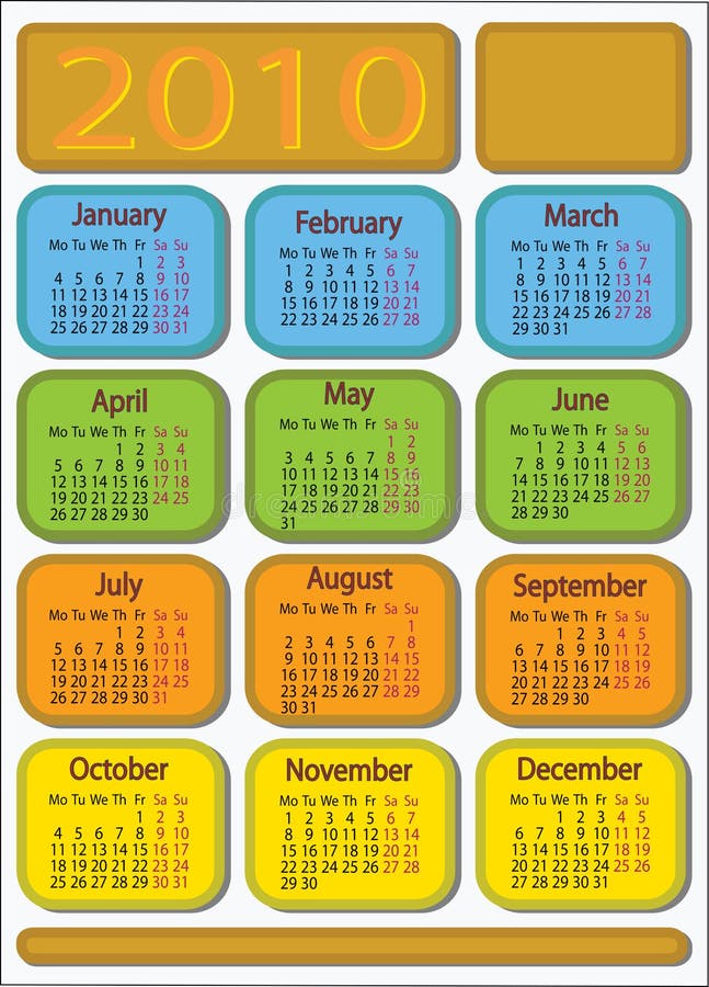 Kalender 2010 vektor illustrationer. Illustration av vecka - 8641832
