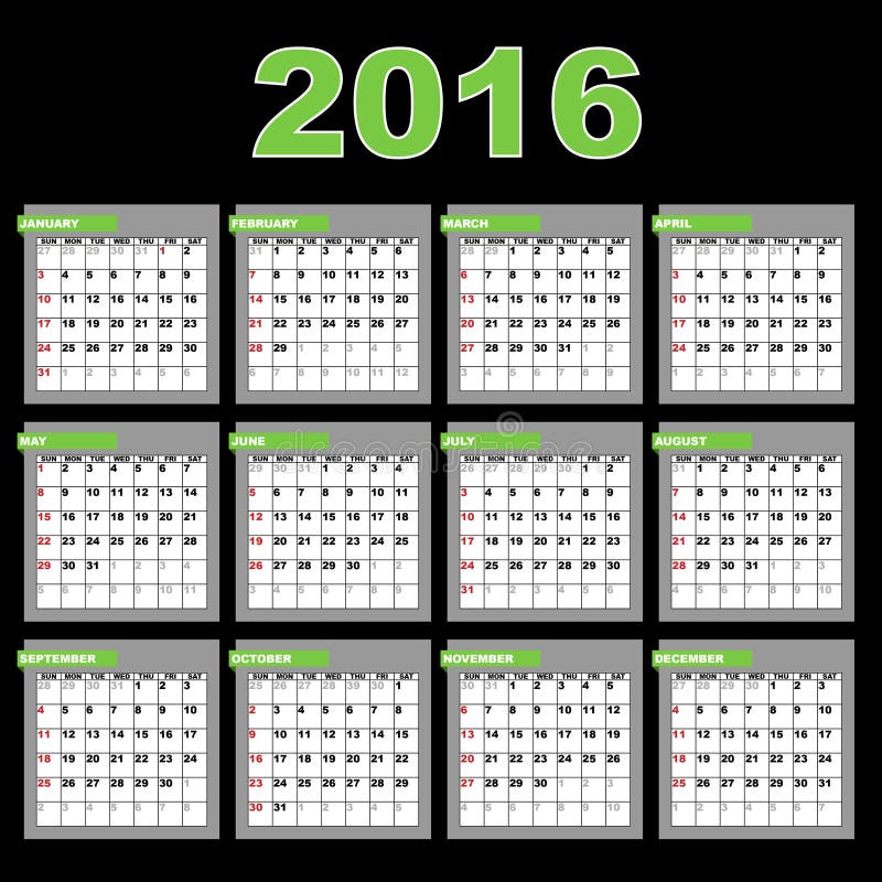 Kalender mit 2016 Tabellen vektor abbildung. Illustration von jahr ...