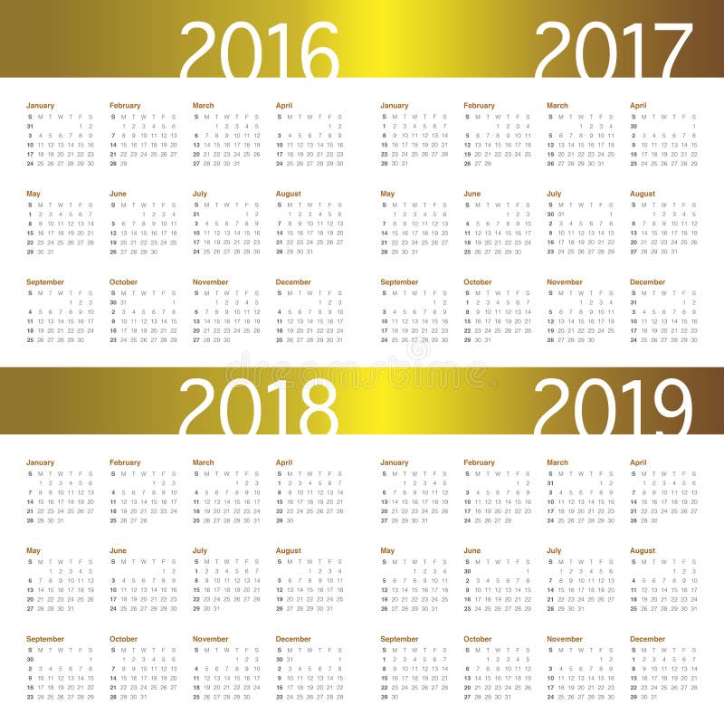 Kalender 2016 2017 2018 2019 Vektor Abbildung - Illustration von jahr ...