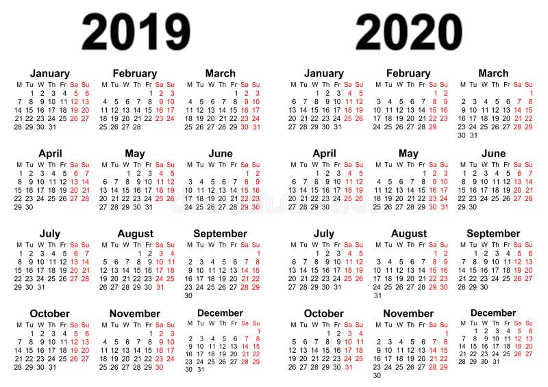Kalender för 2019 och 2020 vektor illustrationer. Illustration av ...