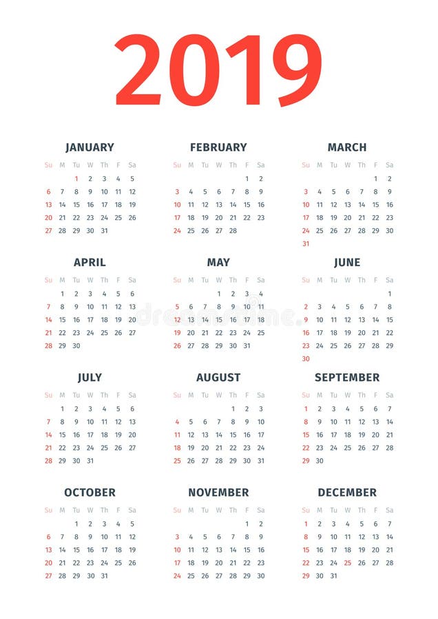 Kalender 2019 Het Begin Van De Week Op Zondag Vector Illustratie ...