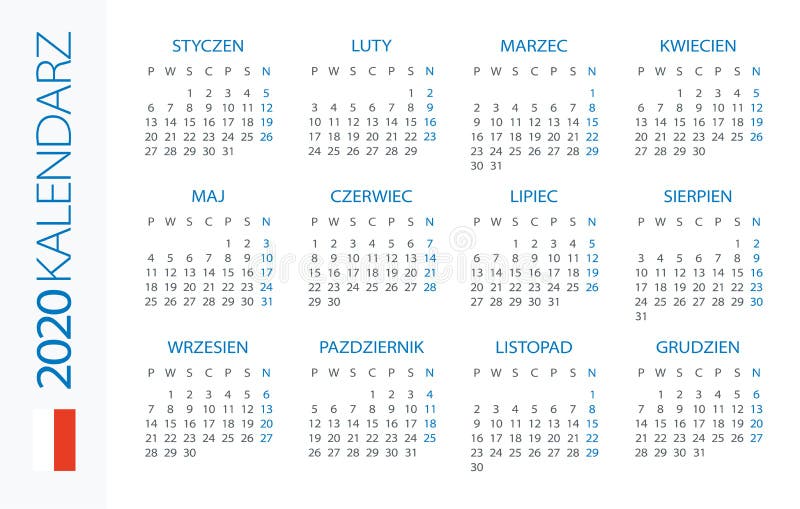 Kalender 2020 Horizontal - Abbildung. Polnische Fassung Stock Abbildung ...