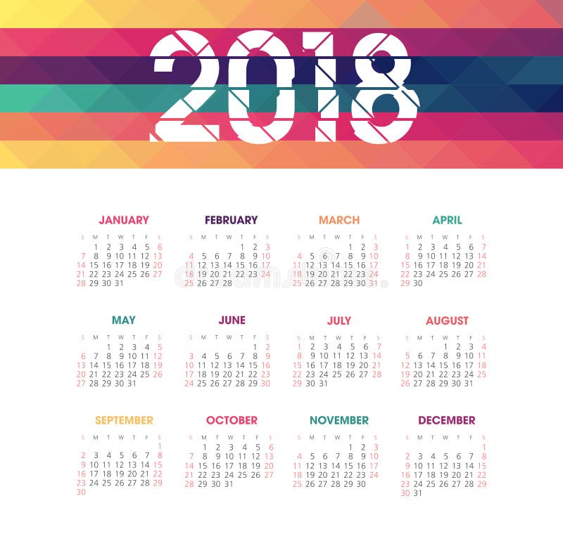 Kalender 2018 Jaar De Week Begint Van Zondag Vector Illustratie ...