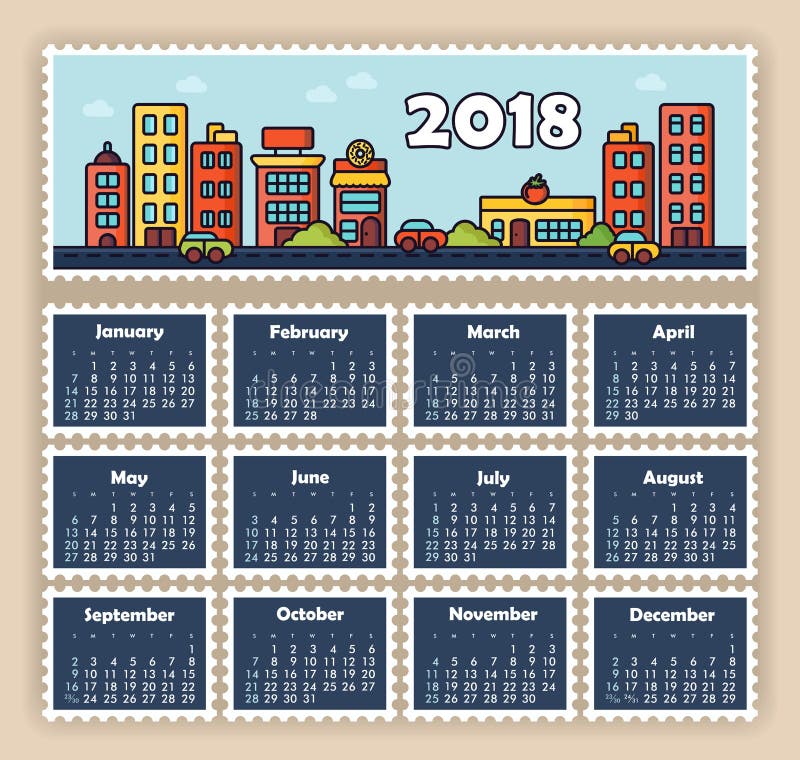 Kalender 2018 Jaar De Week Begint Van Zondag Vector Illustratie ...