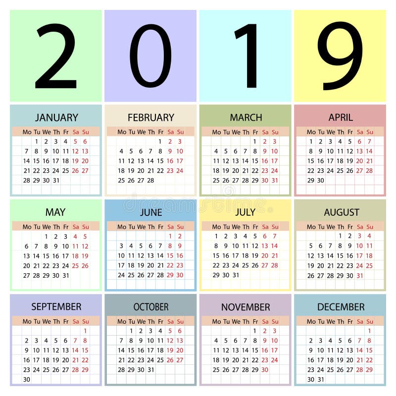 Kalender 2019 Jaar Het Begin Van De Week Met Maandag Vector Illustratie ...