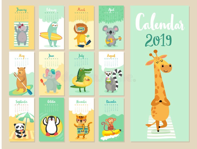 Kalender 2019 Leuke Maandelijkse Kalender Met Bosdieren Vector ...