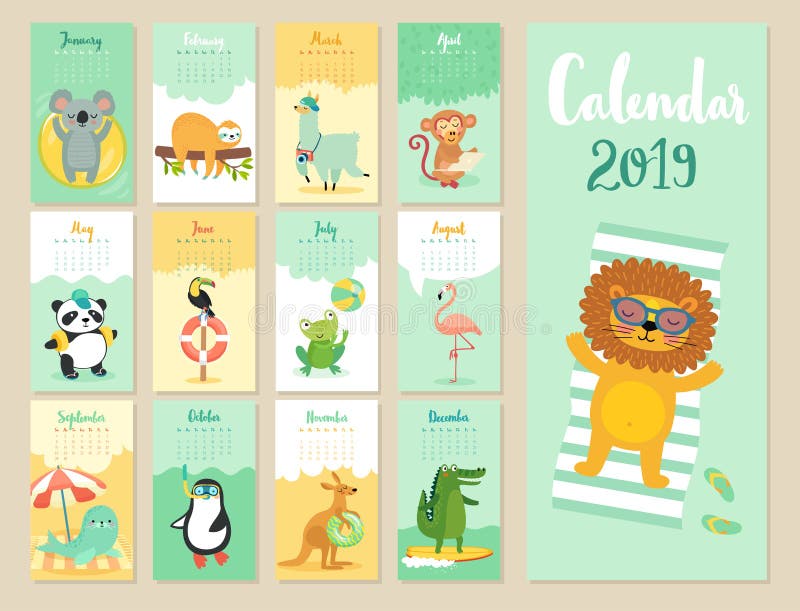 Kalender 2019 Leuke Maandelijkse Kalender Met Bosdieren Vector ...