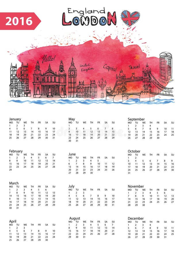 Kalender 2016 London-Marksteinskyline, Aquarell Vektor Abbildung ...