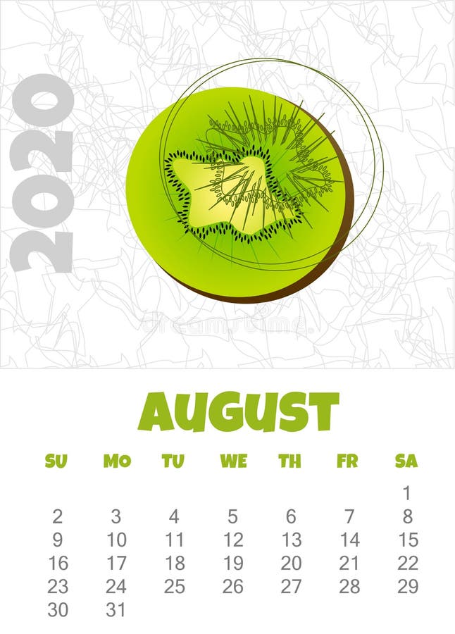 Kalender 2020 Met Kiwi August Vector-illustratie Vector Illustratie ...