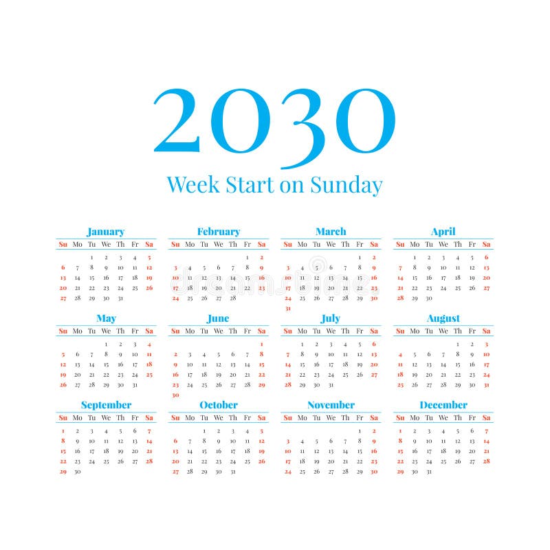 Eenvoudige Het Jaarkalender Van 2030 Vector Illustratie - Illustration ...