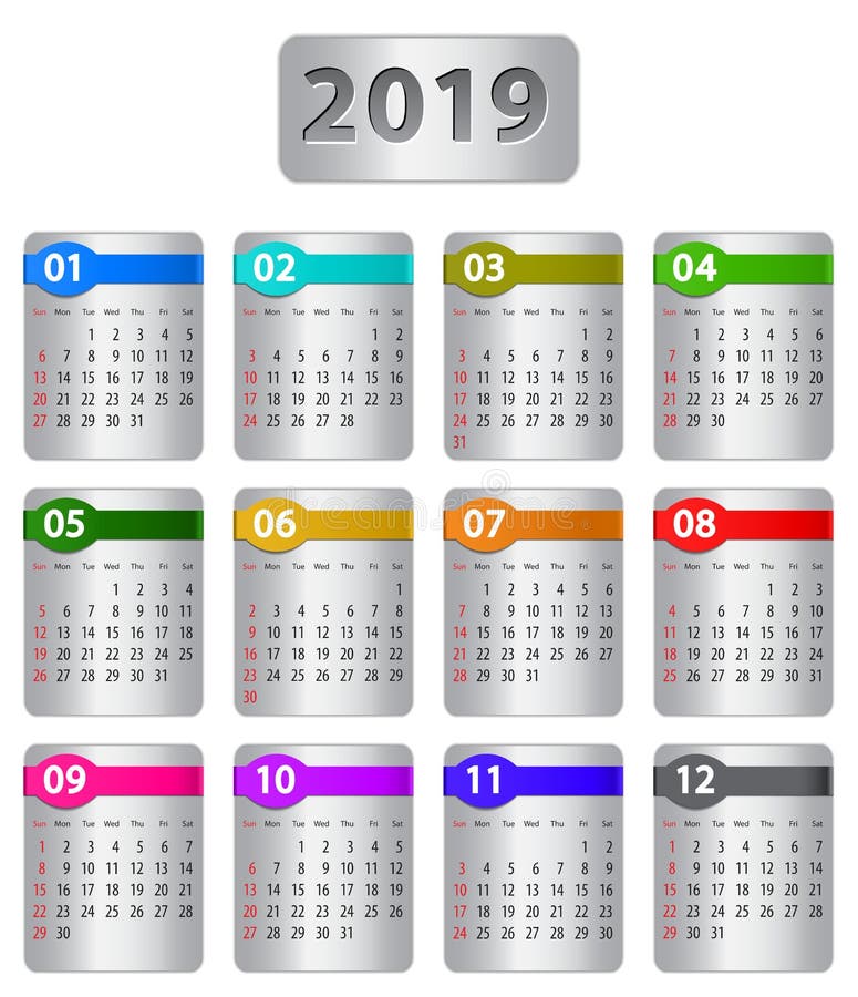 Kalender Mit 2019 Englisch Mit Bunten Zahlen Vektor Abbildung ...