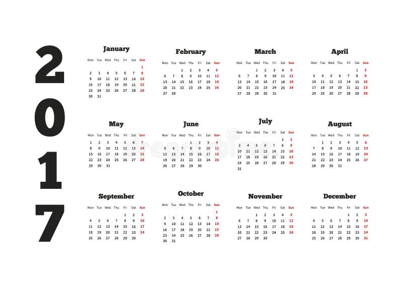 Kalender Op Het Jaar Van 2017 Met Week Die Van Maandag Beginnen, A4 ...