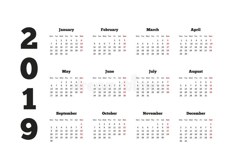 Kalender Op Het Jaar Van 2019 Met Week Die Van Maandag Beginnen, A4 ...