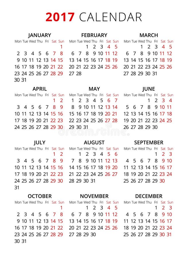 2017 Kalender Op Witte Achtergrond De Week Begint Maandag Vector ...