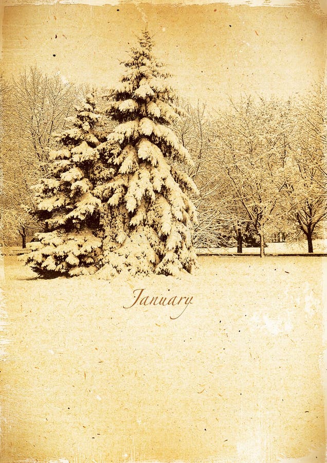 Kalender Retro-. Januar. Weinlesewinterlandschaft. Stockfoto - Bild von ...