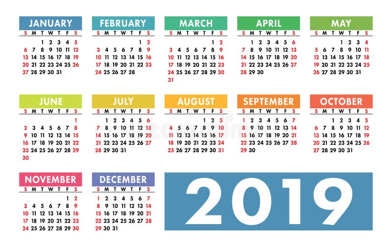 Kalender 2019 Vector Malplaatje Engelse Kalender Kleurrijke Reeks ...