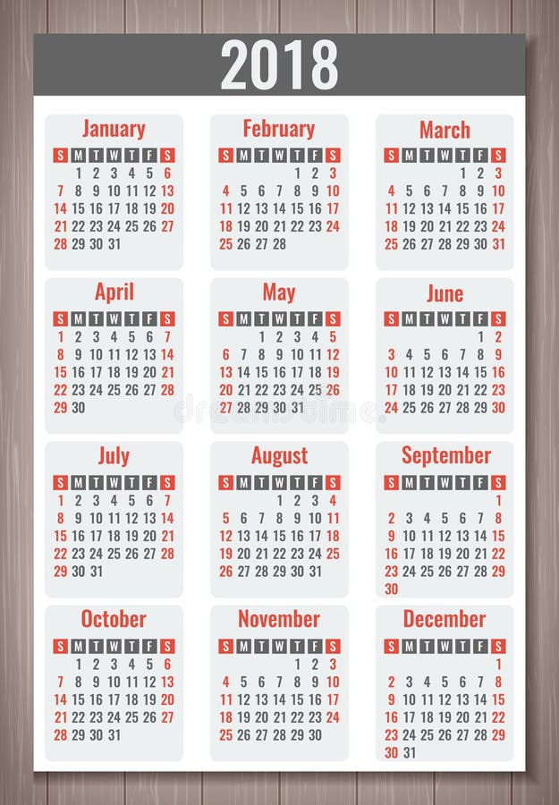 Kalender Voor 2018 De Week Begint Zondag Eenvoudige Vector Vector ...