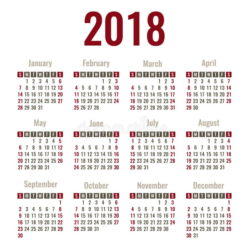 Kalender Voor 2018 De Week Begint Zondag Eenvoudige Vector Vector ...