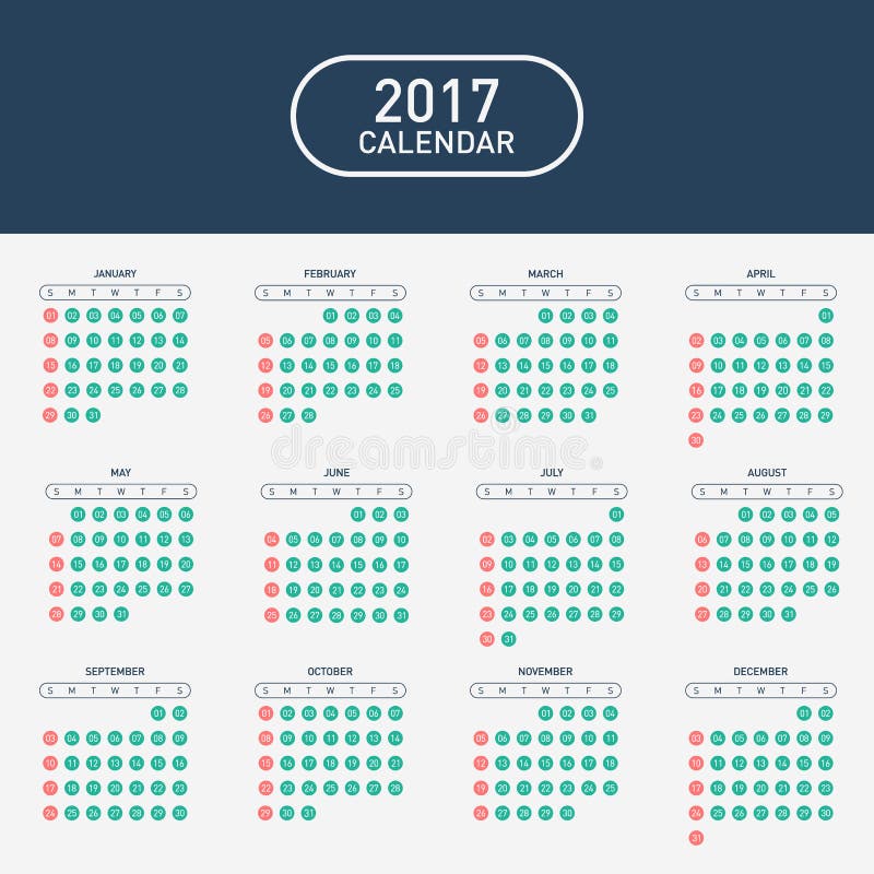 Kalender 2017 Voor Een Jaar Op Witte Achtergrond Vector Illustratie ...