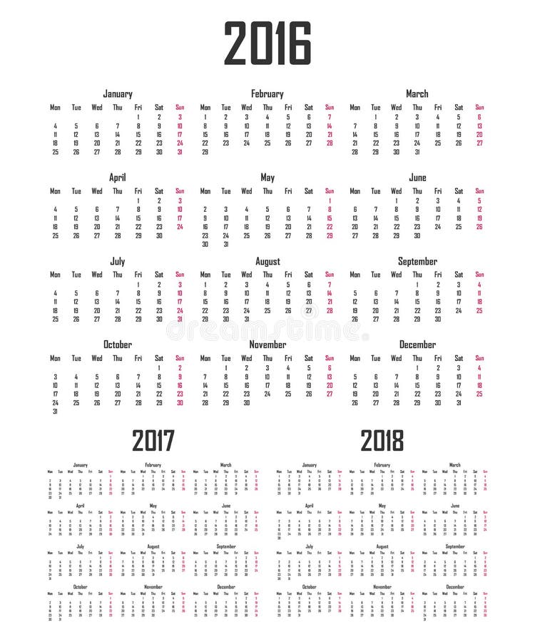 Kalender Voor 2016, 2017 En 2018 Het Begin Van De Week Op Maandag ...