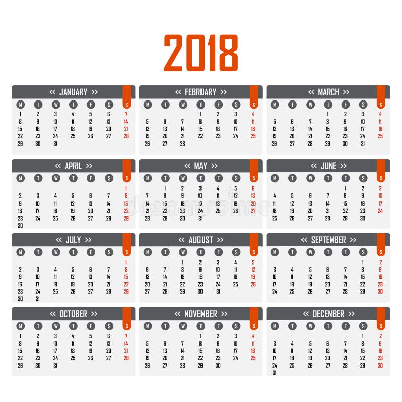 Kalender Voor 2018 Het Begin Van De Week Op Maandag Vector Illustratie ...