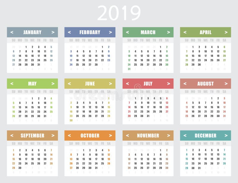 Kalender Voor Het Jaar Van 2019 Het Begin Van De Week Op Zondag Vector ...
